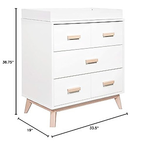 Babyletto Scoot 3-Drawer Changer Dresser with Removable Changing Tray in White and Washed Natural, Greenguard Gold Certified