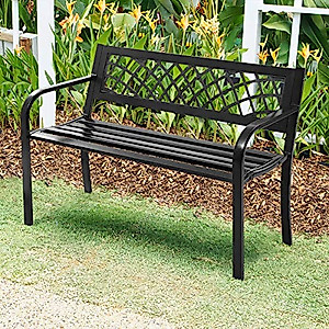 Giantex Patio Garden Bench Loveseats Park Yard Furniture Decor Cast Iron Frame Black (Black Steel W/PVC Mesh Pattern)
