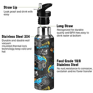 Wusikd Monster Truck Water Bottle with Straw Lid Double Wall Car Thermos Bottle Vacuum Insulated Flask Stainless Steel Water Bottle for Gym Outdoor 20 OZ