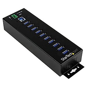 StarTech.com 10-Port USB 3.0 Hub with Power Adapter - Metal Industrial USB-A Hub with ESD & 350W Surge Protection - Din/Wall/Desk Mountable - High Speed USB 3.0 (5Gbps) - (5Gbps) Hub, TAA