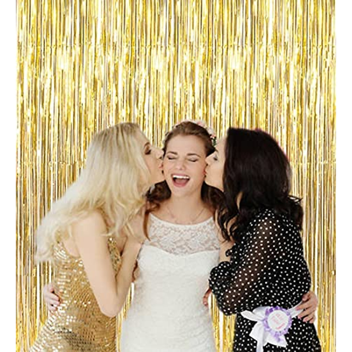 Gold Metallic Tinsel Foil Fringe Curtains | 2pcs 3.2ft x 8.2ft Gold Backdrop Party Streamers for Birthday Wedding Engagement Bridal Shower Baby Shower Bachelorette Party Decorations