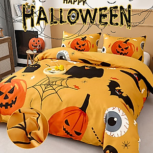 Luxudecor Halloween Duvet Cover Set King Size Pumpkin Orange Bedding Set with Pumpkin Ghost Duvet Cover Set,Halloween Festival Themed Bedding Set for All Seasons (3pcs, 104"x90")