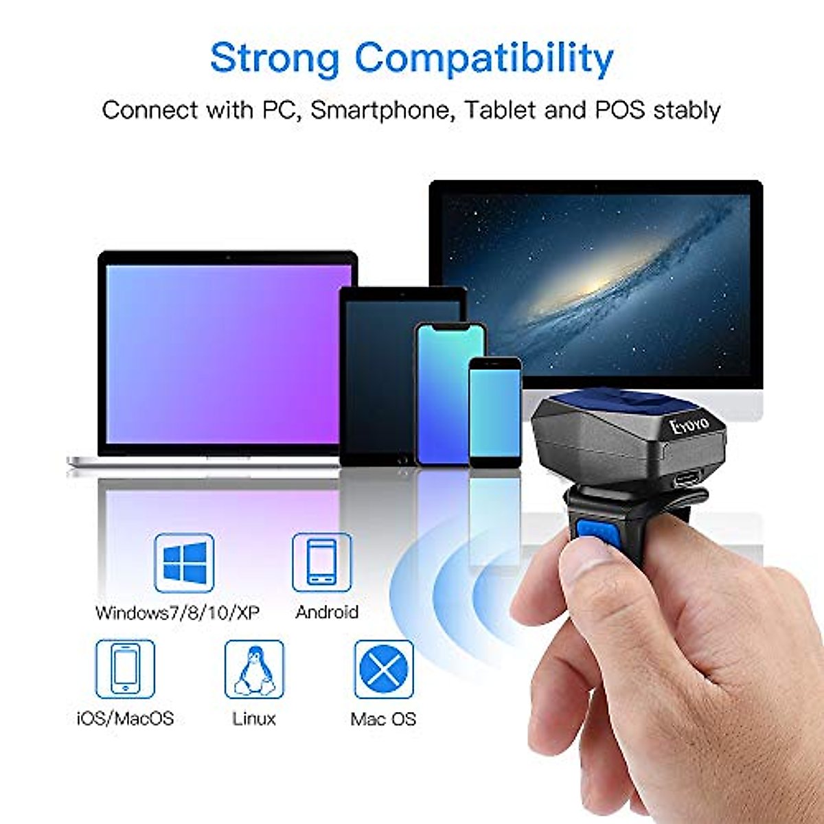 Upgraded Eyoyo 2D Ring Barcode Scanner Bluetooth, USB Wired & 2.4G Wireless & Bluetooth Mini Wearable Bar code Scanner, 1D 2D QR Image Barcode Reader PDF417 Data Matrix for iPhone, Andriod, Tablet, PC