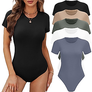BALENNZ Women's 5 Pack Short Sleeve Round Neck Bodysuit Tops Crew Neck Basic Casual Tshirt Bodysuits Large