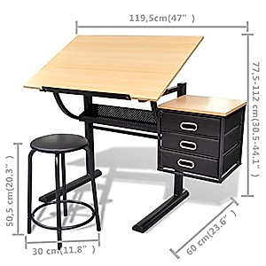 vidaXL Three Drawers Tiltable Tabletop Drawing Table with Stool