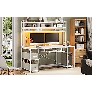 SEDETA White Computer Desk with Hutch and Drawer, 55" White Gaming Desk with LED Lights & Power Outlet, Home Office Desks with Storage Shelves, Bookshelf, Monitor & CPU Stand, Gamer Desk PC Table
