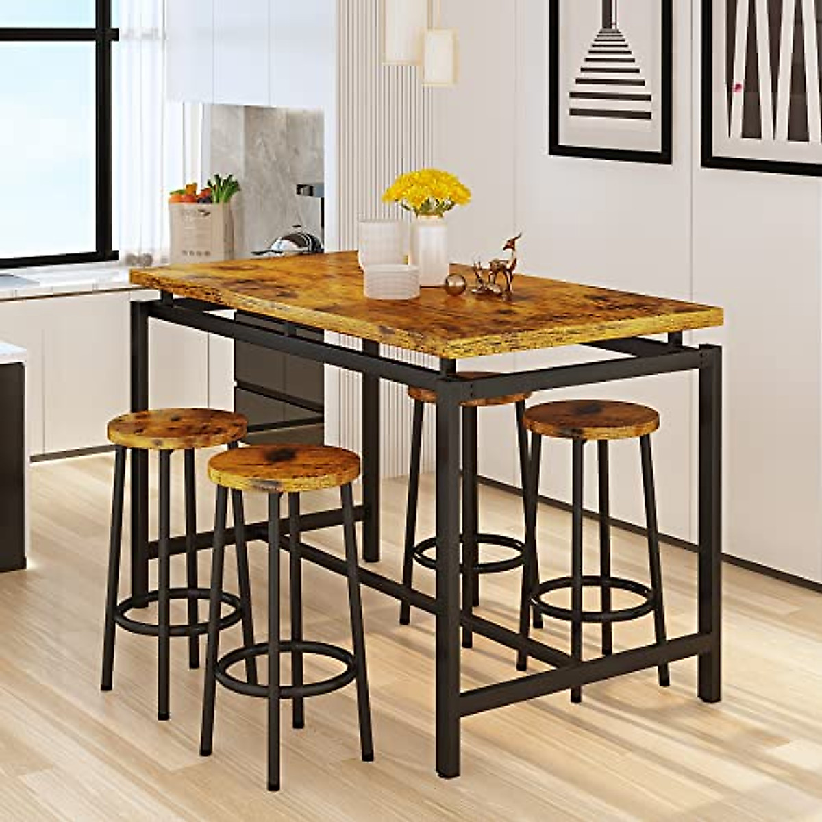AWQM Bar Table and Chairs Set Industrial Counter Height Pub Table with 4 Chairs Bar Table Set 5 Pieces Dining Table Set Home Kitchen Breakfast Table, Black and Industrial Brown