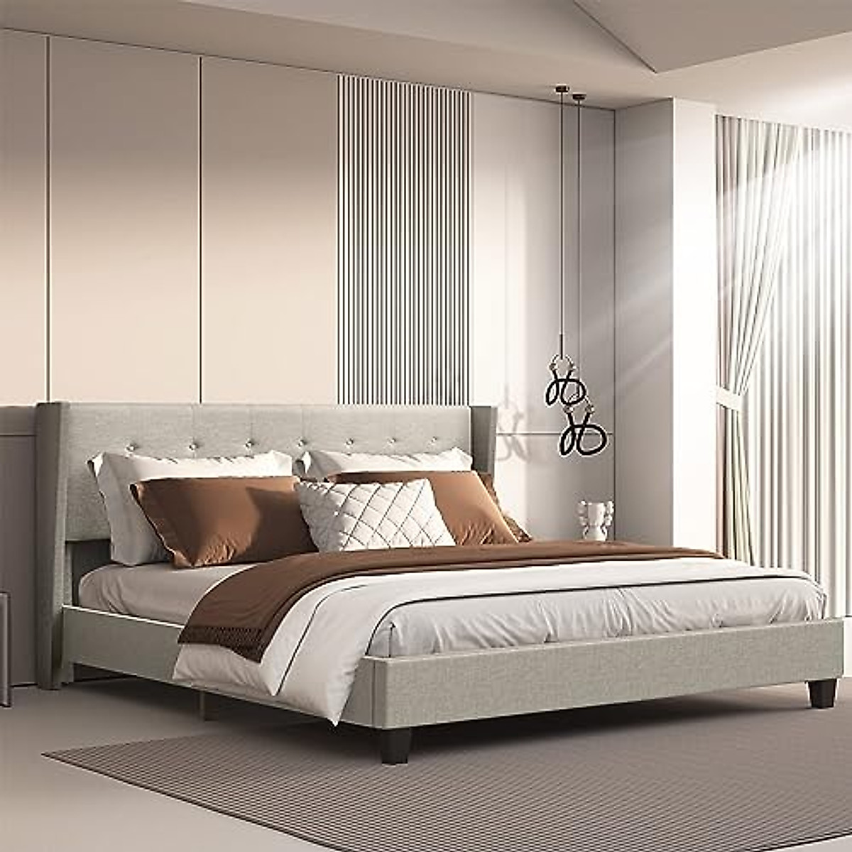 BONSOIR Queen Size Sand Color Bed Frame Upholstered Traditional Low Profile Platform with Wing Back Headboard