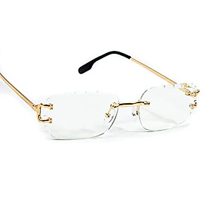 Street Knitted Rectangle Unisex Frameless Gold Wire Frame Luxury Trendy Gem Cut Retro 90's Rimless Clear Lens Hip Hop Diamond Cut Square Eye Glasses For Men Women