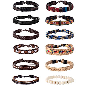 Akeoqi 12Pcs Braided Leather Bracelets Set For Men Women Wooden Beaded Cuff Wrap Bracelet Boho Ethnic Tribal Linen Hemp Cords Wrap Bracelets Adjustable Rainbow And White