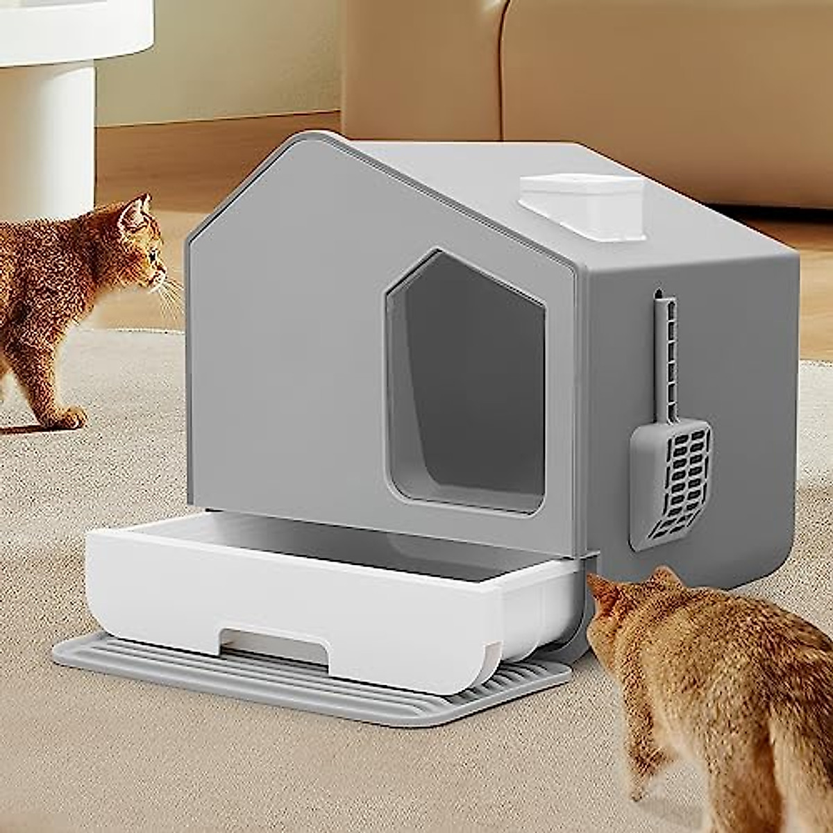 MoNiBloom Hooded Litter Box Fully Enclosed Splash-Proof Cat Litterbox with Litter Catcher Mat, Modern House Shaped Enclosed Cat Litter Boxes Slide Cleaning Design for Small Cats Under 10 Lbs