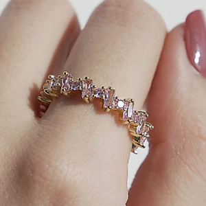 Michooyel 18K Gold Plated Eternity Band Ring Pink Cubic Zirconia Baguette Statement Ring for Women