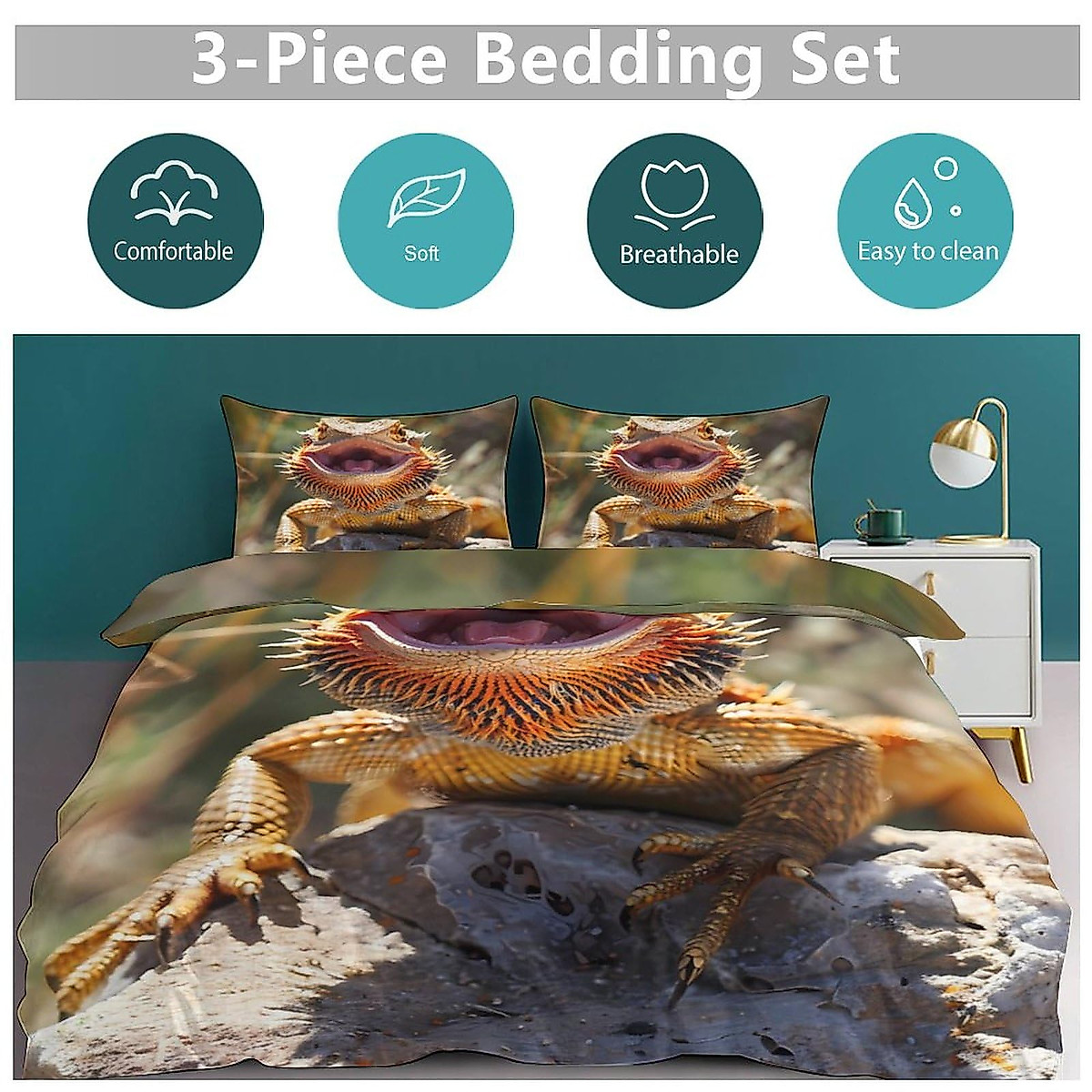Cool Bearded Dragon Lizards Duvet Cover Set 3 Piece Comforter Cover Bedding Sets 1 Duvet Cover and 2 Pillow Shams 102"x90"