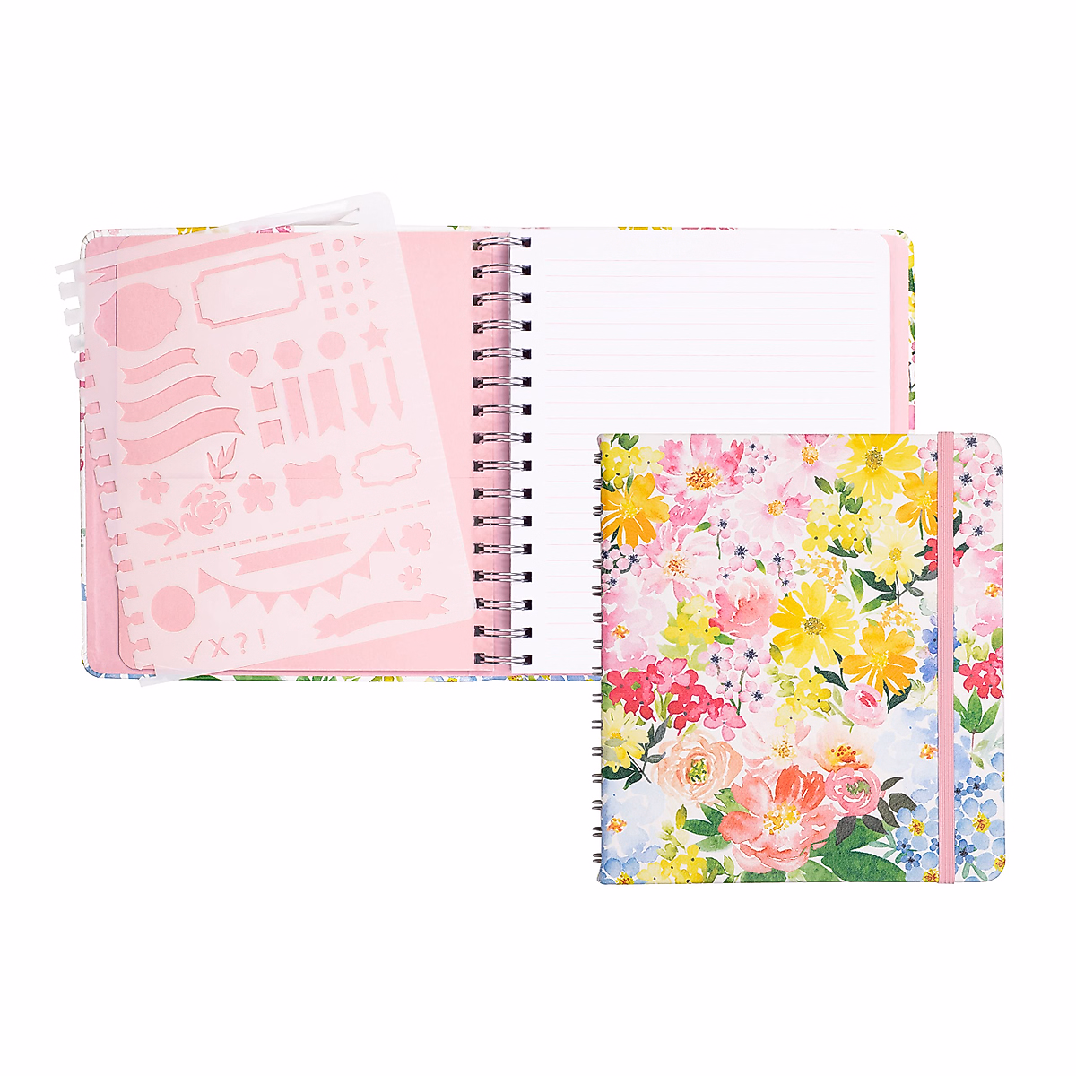 Steel Mill & Co Writing and Drawing Journal, Cute Floral Spiral Notebook with 160 Lined Pages, Art Journal with Reusable Stencil, Summer Garden