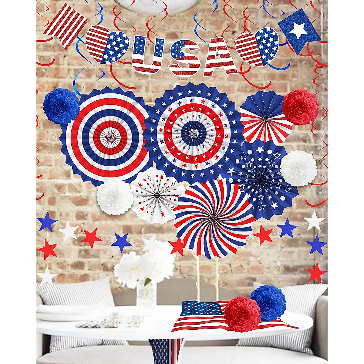 26 Pcs 4th of July Decorations Outdoor, Patriotic Decorations LOVE USA Banner Red White Blue Paper Fans Hanging Swirls Pompoms Independence Day Decor for Veterans Day, Memorial Day, Fourth of July