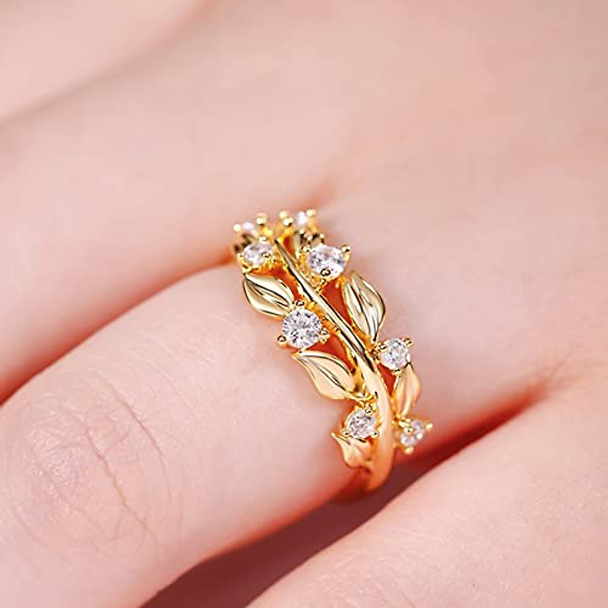 Jeulia Olive Branch Band Ring Sterling Silver Round Cut Leaf Promise Ring for Women Gold Tone Diamond Nature Wedding Band Rings for Anniversary Engagement with Jewelry Gift Box (Olive Leaf, 8.5)
