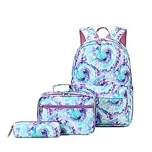 ZHIERNA School Backpack 3PCs Set With Lunch Bag, Tie Dye Bookbags with Pen Case For Teen Girls Kindergarten Elementary(Green)