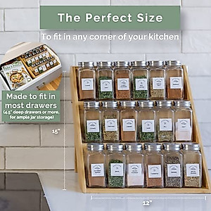 ECLECTICS KC Wooden Spice Rack Organizer for Kitchen Drawer, Cabinet, and Countertop - Organic Bamboo- 3 Tier Shelf -Includes 48 Stickers & Anti-Slip Pads