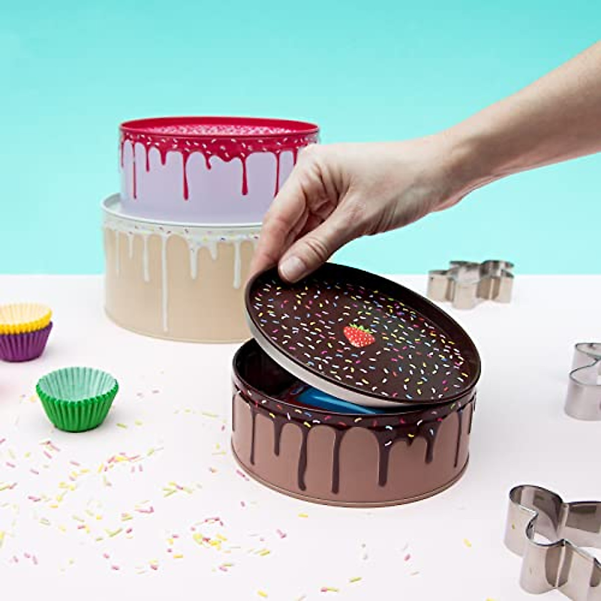 Suck UK Cake Boxes Cake Container & Cookie Tins With Lids For Gift Giving Nesting Cake Storage Container With Tiered Design Cupcake Cookie Jar For Kitchen Decor Baking Gifts Set of 3