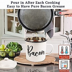 Bacon Grease Container with Strainer - With Food-Grade Silicone Spatula, 46oz Large Enamel Grease Strainer - Rustic Farmhouse Bacon Fat Container, Bacon Grease Keeper, With Recipes, Dishwasher Safe
