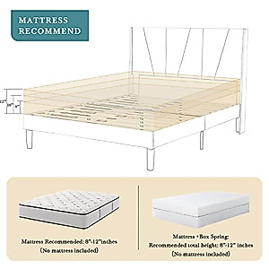 HOOMIC Queen Size Bed Frame with Geometric Wingback Headboard, Wooden Slats Support, No Box Spring Needed, Modern Style, Beige