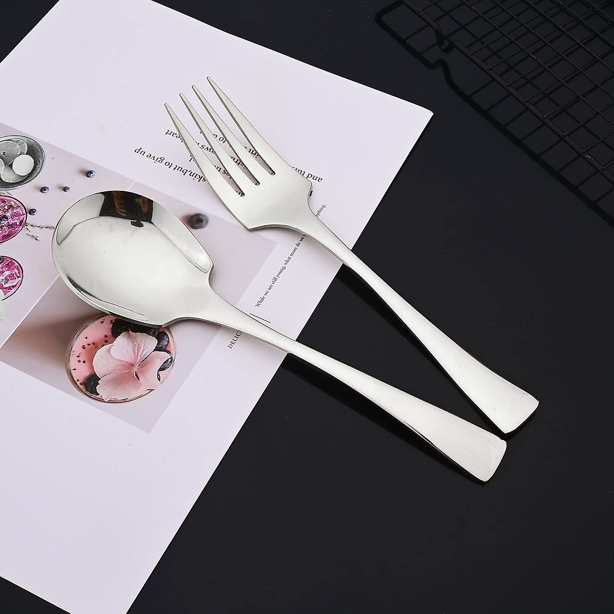 JASHII Shiny Silver Stainles Steel 2 Serving Spoons 2 Serving Forks Set, Luxury Cutlery for Kitchen Hotel Restaurant Wedding Party, pack of 4