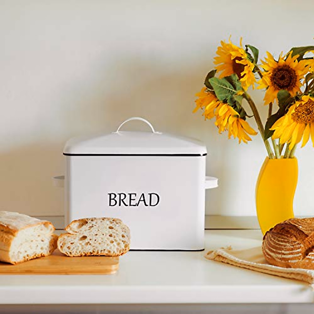 EXTRA LARGE Bread Box with 2 Lids - Metal & Bamboo Lid - White Metal Bread Box for Kitchen Countertop - Holds 2+ Loaves - Farmhouse Bread Box - Bread Storage Ventilation Holes - XXL Bread Bag