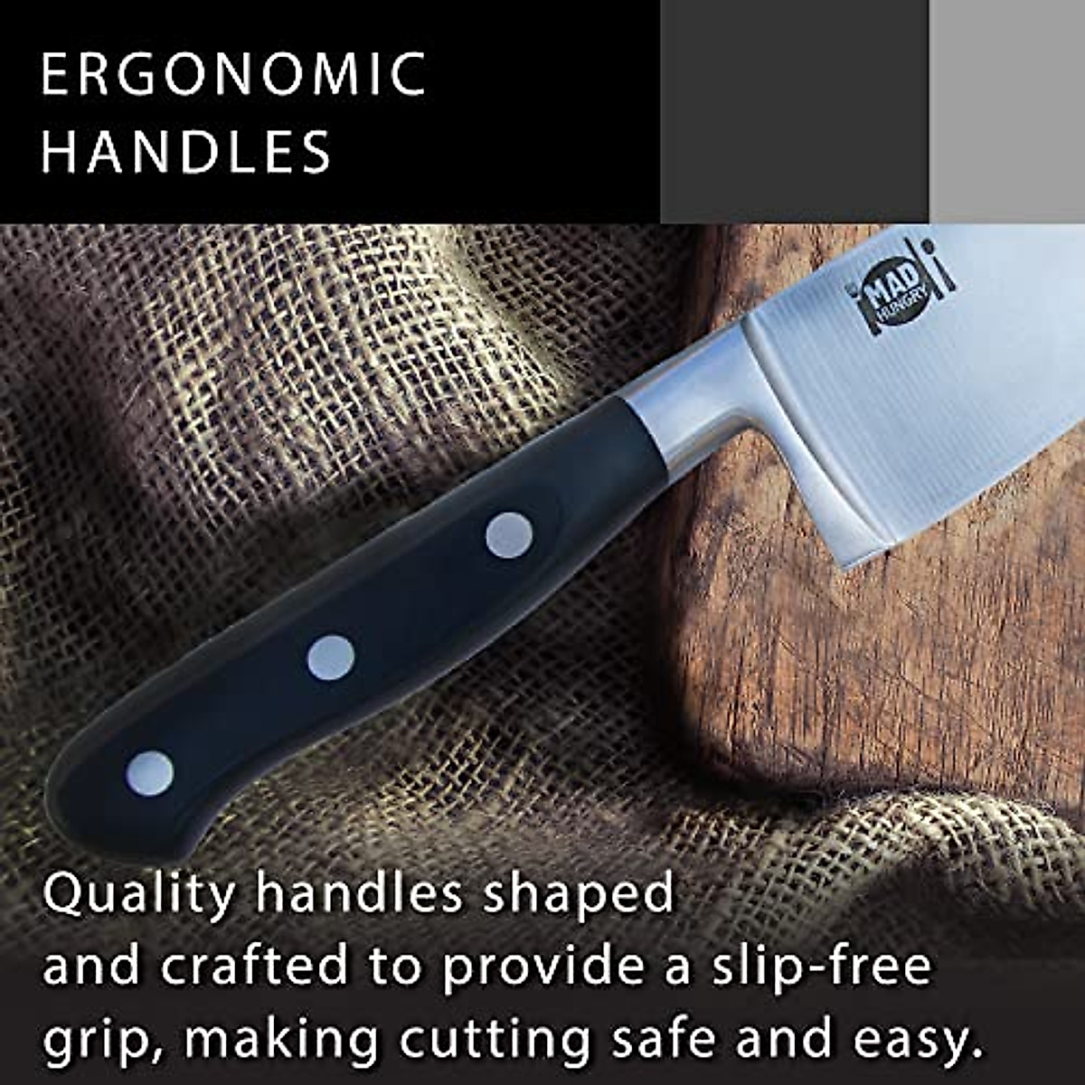 Mad Hungry 4-Piece Forged Specialty Knife Set - 6" Chef, 4.5" Serrated Utility, 3.5" Paring, & 3" Birds Beak Knives Kitchen (Black)