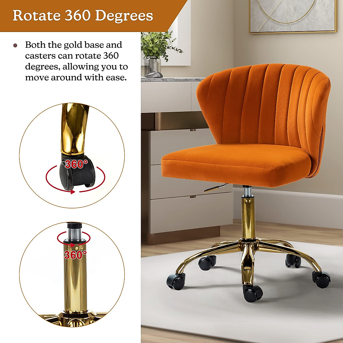 TINA'S HOME Office Desk Chairs with Wheels & Gold Base, Modern Velvet Cute Armless Office Chair, Adjustable Low Back Swivel Rolling Chair, Upholstered Task Chair for Living Room Vanity Study-Orange