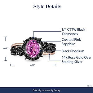 Jewelili Enchanted Disney Fine Jewelry 14K Rose Gold over Sterling Silver with Black Rhodium Oval Created Pink Sapphire and 1/4 Cttw Treated Black Round Diamond Maleficent Ring Size 8