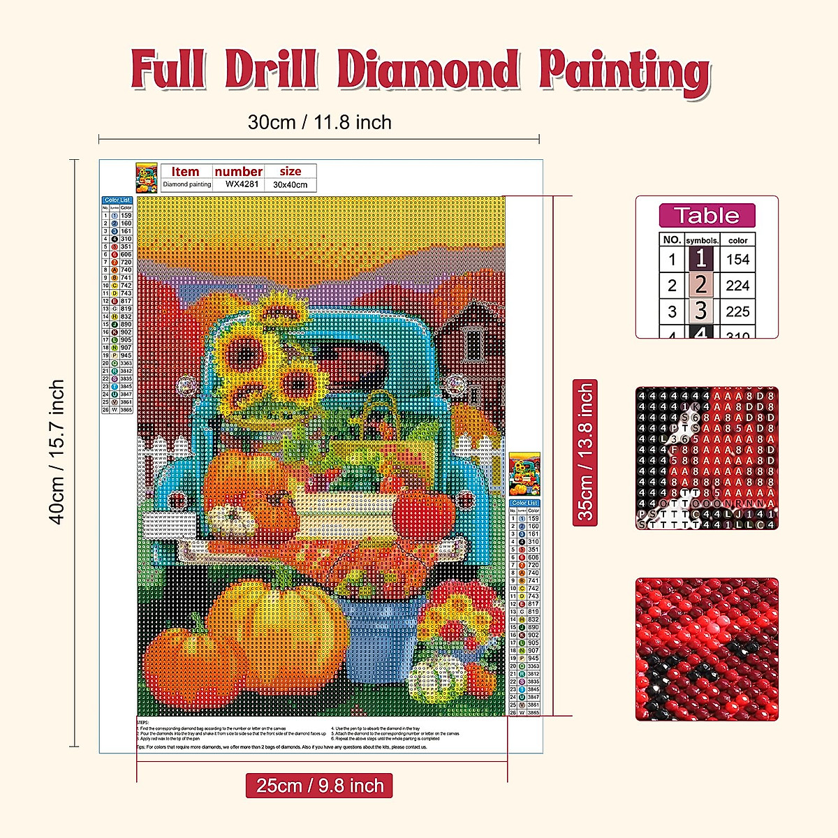 NAIMOER Truck Diamond Art Kits for Adults, DIY 5D Fall Diamond Art Kits for Beginner, Full Drill Pumpkin Diamond Art Sunflowers Painting Craft for Home Decor Gifts 30x40cm