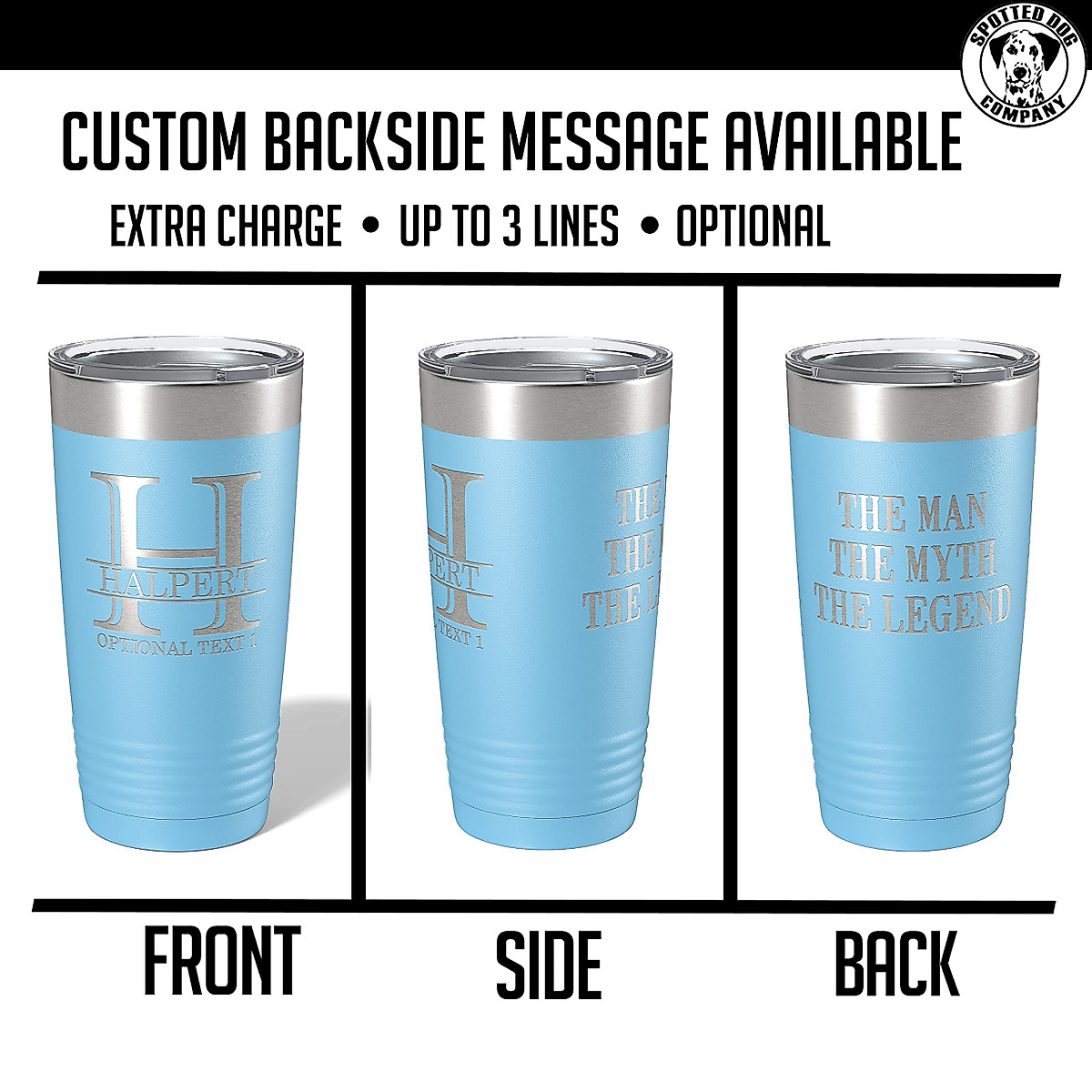 Personalized 20oz (17 Colors) Powder Coated Insulated Stainless Steel Tumbler with Lid, Custom Etched, Customized Engraved Gift Idea for Women Men Her Him, Halpert Monogram Initial Name (Light Blue)