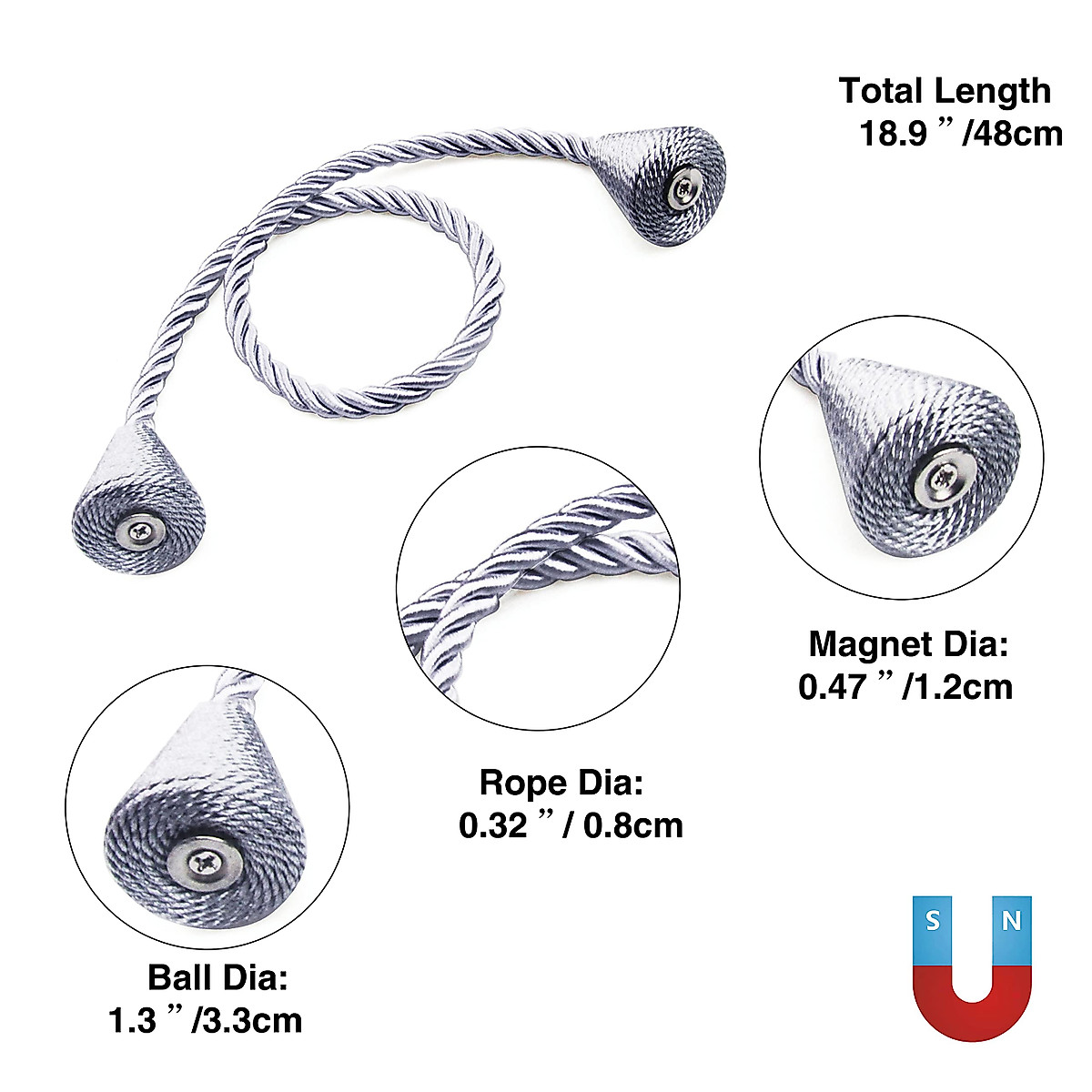 Nieffeiy 2 Pack Magnetic Curtain Tiebacks Rope Modern Handmade Curtain Tie Backs Decorative Drapes Weave Holdbacks for Window Décor, Grey