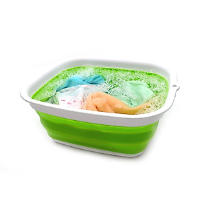 SAMMART 2pcs Kitchen & Outdoor Set : Collapsible Dish Drainer & 7.7L Collapsible Plastic Tub/Basin (2, Grey+Green)