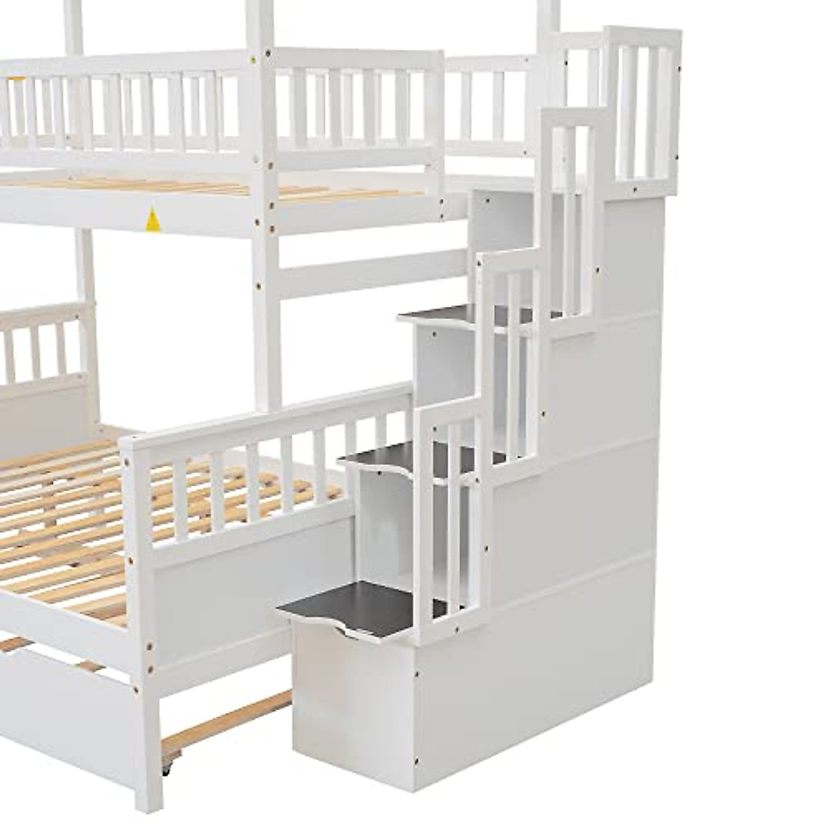 DEYOBED Twin Over Full House Shaped Wooden Bunk Bed with Trundle and Storage Staircase - Perfect for Kids and Teens, Maximizing Space and Convenience in Bedrooms
