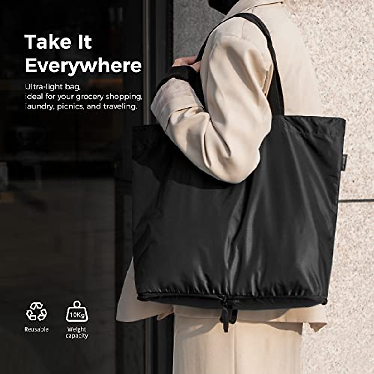 pack all 16L Lightweight Packable Tote Bag, Water Resistant Foldable Grocery Bag, Reusable Shopping Bag (Black)