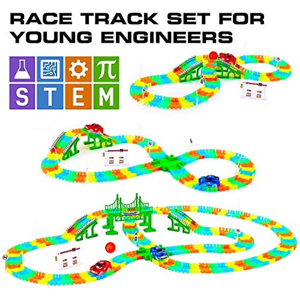 USA Toyz Glow Race Tracks and LED Toy Cars - 360pk Glow in The Dark Bendable Rainbow Race Track Set STEM Building Toys for Boys and Girls with 2 Light Up Toy Cars