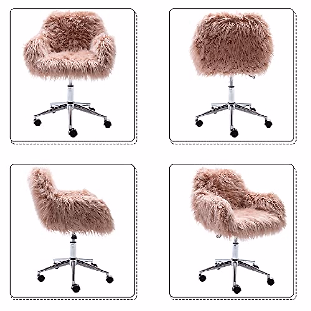 KCC Fluffy Office Desk Chair, Faux Fur Modern Swivel Armchair with Wheels, Soft Comfy Fuzzy Elegant Accent Makeup Vanity Chairs for Women Girls, Home Living Dressing Room Bedroom, Pink