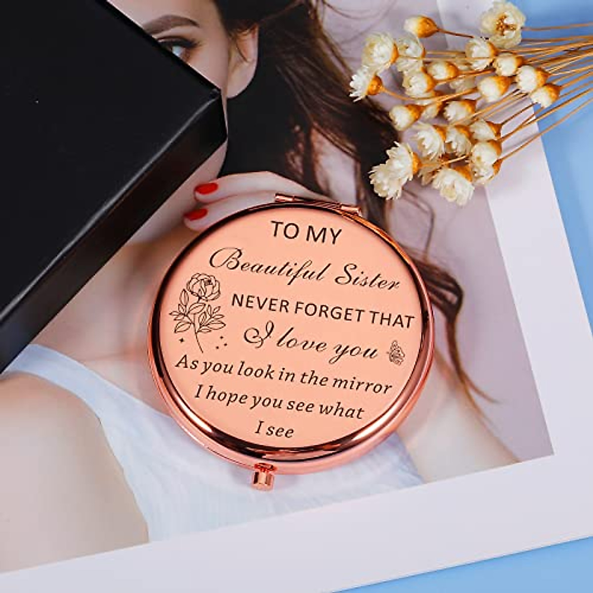 Sister Birthday Gifts from Sister Compact Mirror for Women Best Friend Personalized Friendship Christmas Graduation Easter Valentines Day Gifts Small Make Up Mirror from little Big Sister Brother