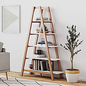 Nathan James Carlie 5-Shelf Bookcase Display or Decorative Storage Rack with Rove Wooden Ladder Shelves, White/Brown