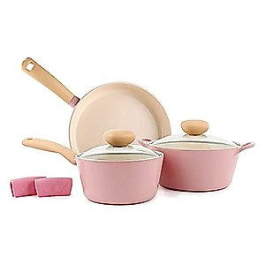 Neoflam Retro 5-Piece Ceramic Nonstick Cookware Set, PFOA Free Pots and Pans with Integrated Steam Vent Lid knob prevents boil over and Heat Resistant Silicone Grips for safer cooking at kitchen, Pink