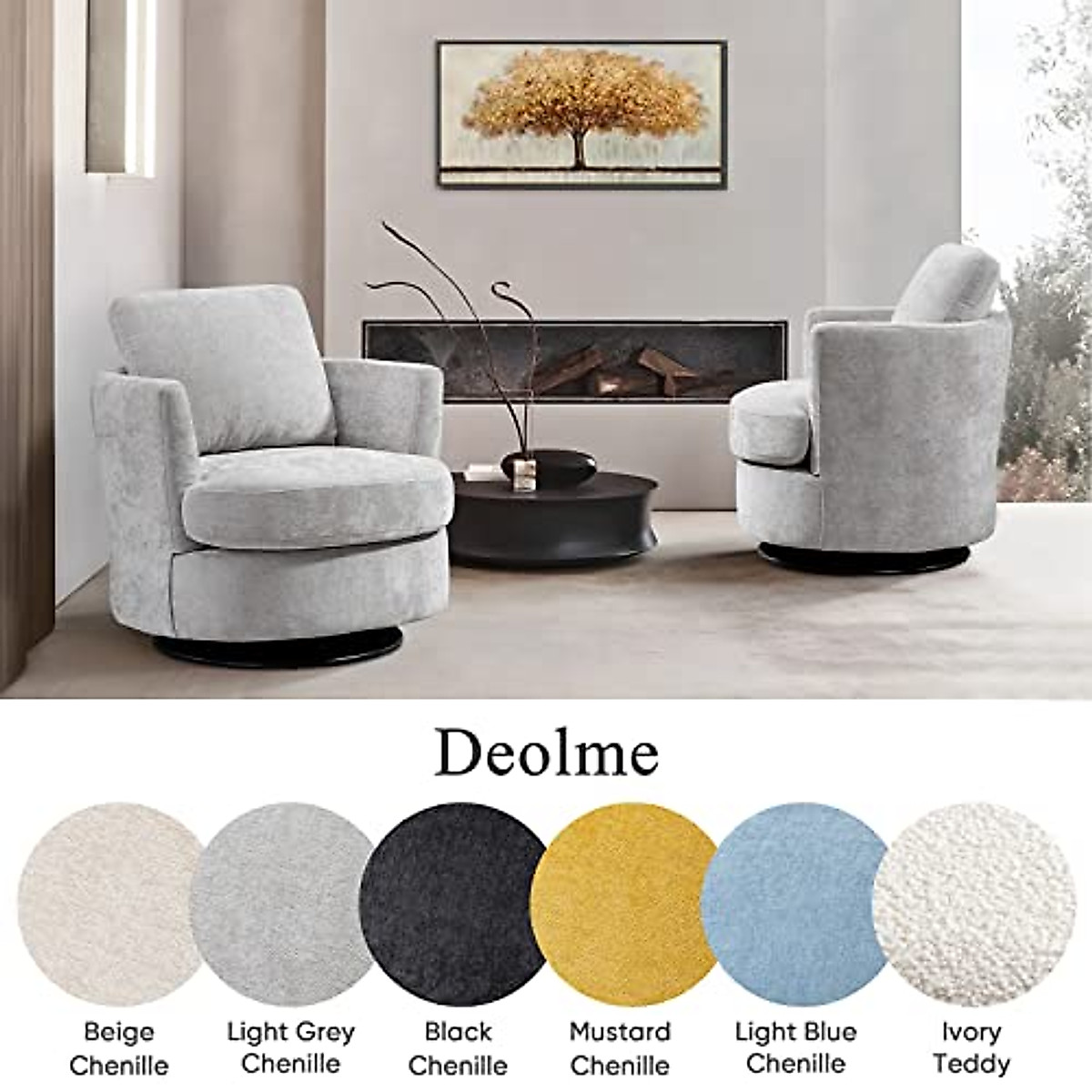 Swivel Accent Chairs Living Room Modern Comfy Round Arm Chairs Upholstered Barrel Swivel Chairs Sillas De Sala Circle Club Chair Cozy Chairs for Small Spaces Bedroom (Grey Chenille, Set of 1)