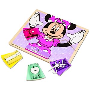 Melissa & Doug Disney Minnie Mouse Wooden Basic Skills Board - Zip, Lace, Tie, Buckle, Button, and Snap