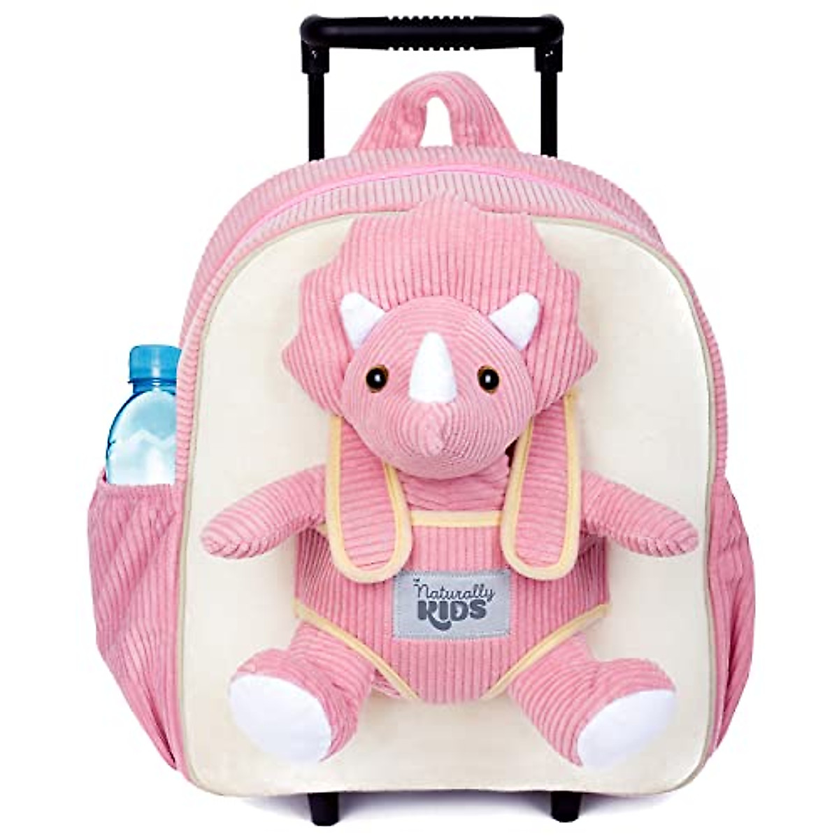 Naturally KIDS Dinosaur Backpack - Dinosaur Toys for Kids 3-5 - Kids Suitcase for Girl Boy w Stuffed Animal - Gifts for 7 Year Old - w Pockets & Reflective Logo - Rolling Backpack w Pink Triceratops