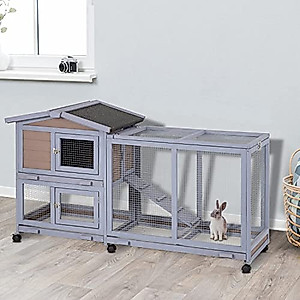 Wood Rabbit Hutch Rabbit Cage Bunny Hutch Rolling Large Bunny Cage Indoor Outdoor Two Story Guinea Pig Hutch Rabbit House with Wheels&Waterproof Roof,Grey