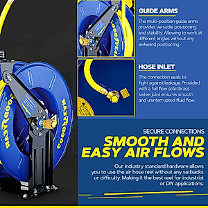 Goodyear Air Hose Reel Retractable 1/2" Inch x 50' Foot Long Premium Commercial Driven Sbr Hose Max 300 Psi Reinforced Steel Construction Heavy Duty Retractable Spring Industrial Dual Arm and Pedestal