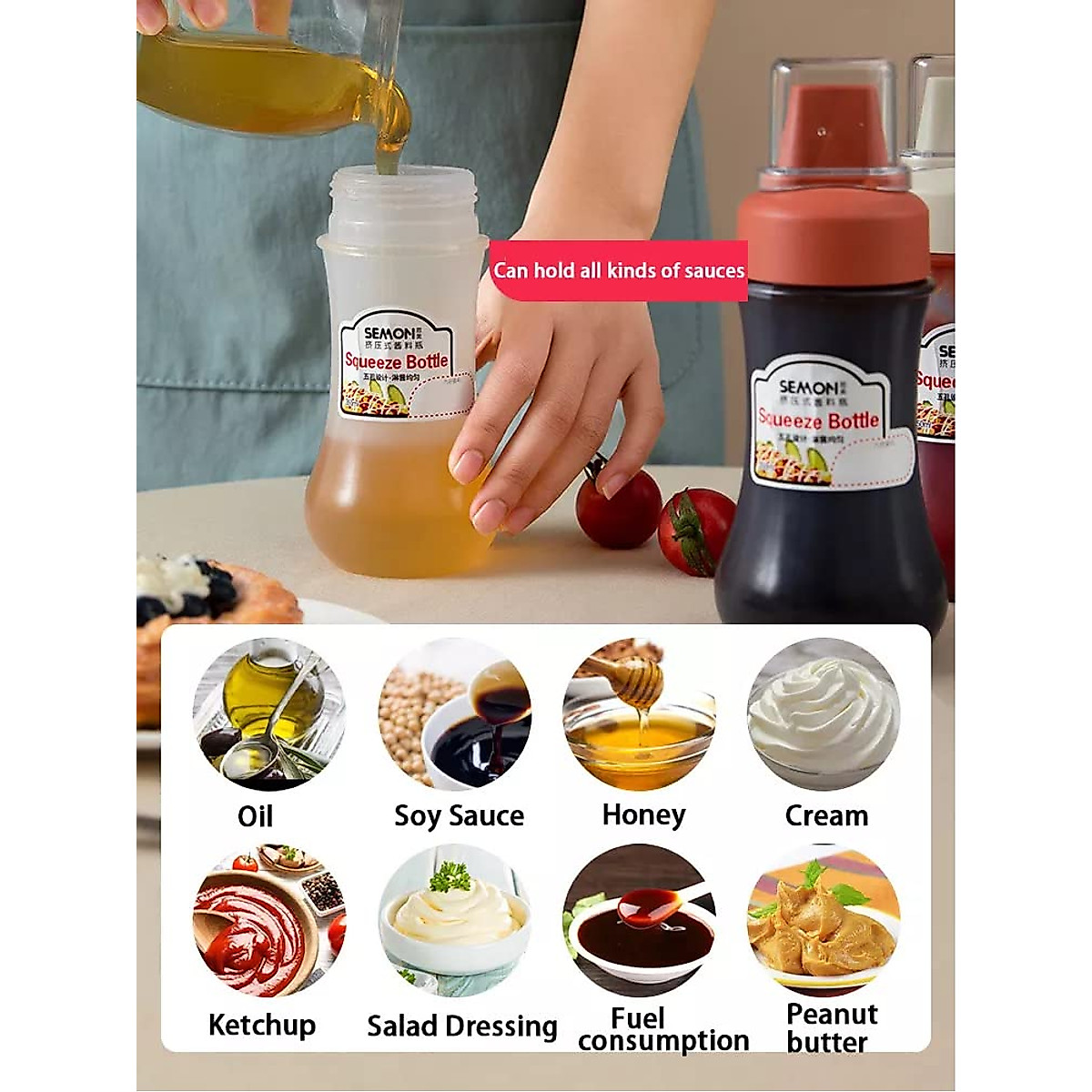 CASSAM 5 Hole Condiment Squeeze Bottle with Cleaning Brush 3-Pack Multicolor Bundle