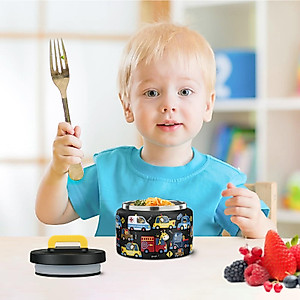 PIQUEBAR 8oz Kids Thermo for Hot Food,Small Lunch Thermos Food Container Stainless Steel,Easy Open Wide Mouth Thermo for Hot Cold Food for Preschool Travel (Black Animal Truck)