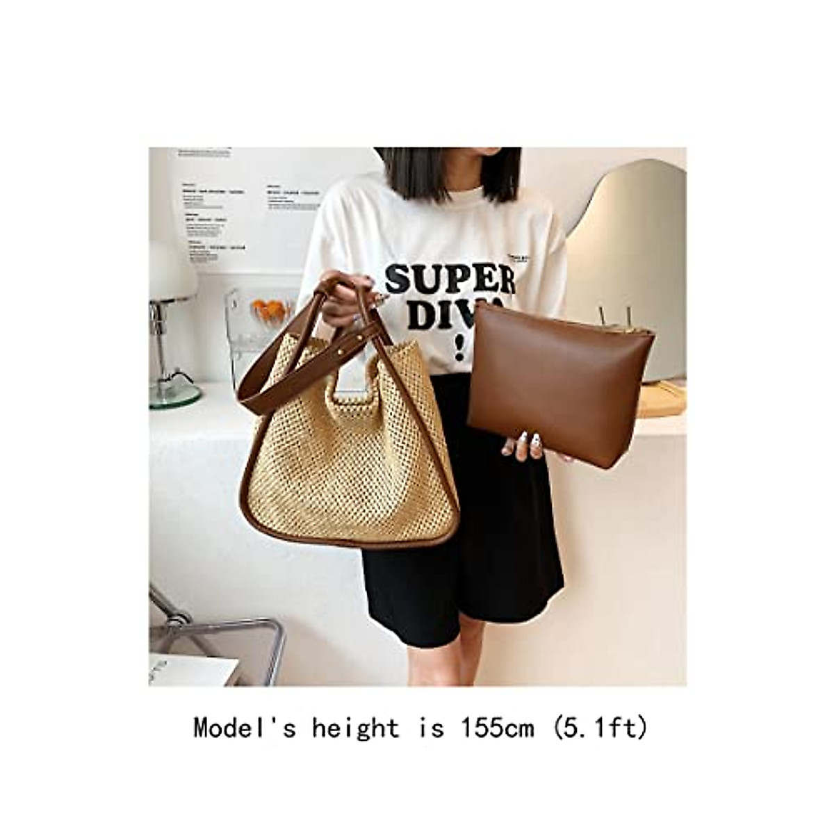 Ulisty Women Straw Bag Weave Tote Bag Summer Beach Bag Shoulder Bag Top Handle Bag Handbag 2 Pcs Set green