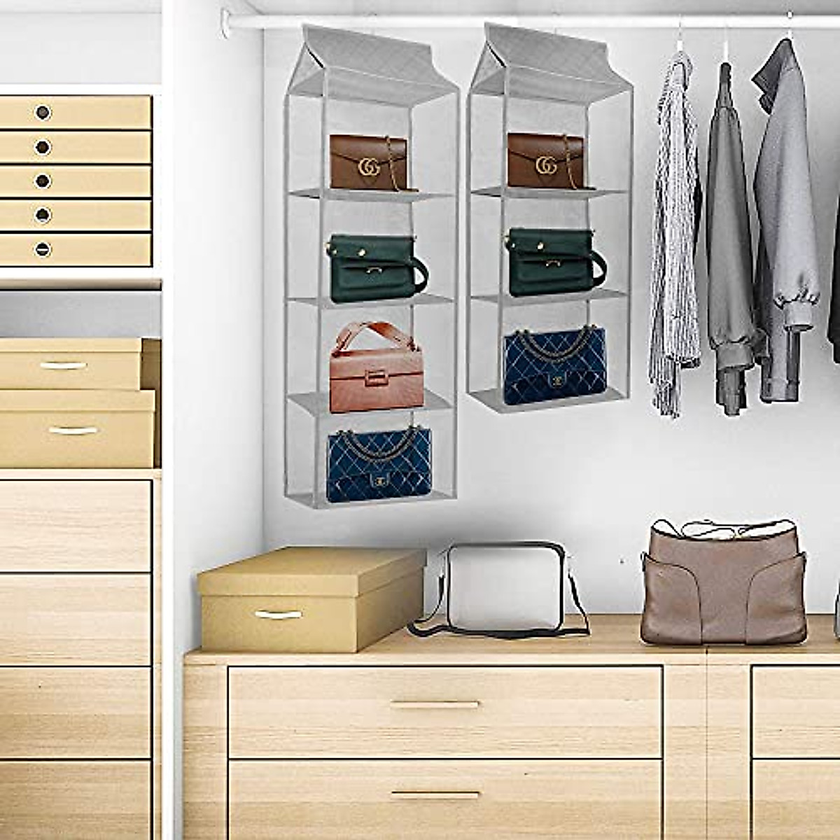 SQian 2 Pack Hanging Handbag Purse Organizer for Closet, Purse Bag Storage Holder for Wardrobe Close with 1pcs 4 Shelves Space and 1pcs 3 Shelves Space Saving Purse Organizers System (Grey).